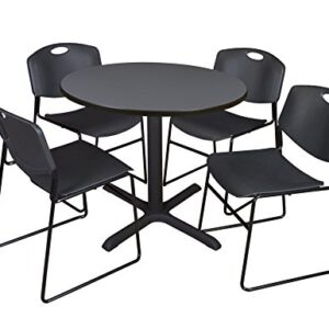 Cain 42" Round Breakroom Table- Grey & 4 Zeng Stack Chairs- Black