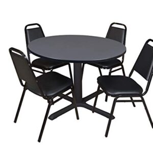 Cain 48" Round Breakroom Table- Grey & 4 Restaurant Stack Chairs- Black