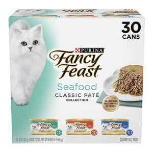 purina fancy feast seafood classic pate collection grain free wet cat food variety pack - (30) 3 oz. cans