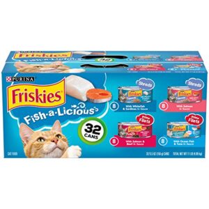 purina friskies wet cat food variety pack, fish-a-licious shreds, prime filets & tasty treasures - (32) 5.5 oz. cans