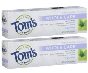 tom's of maine whole care fluoride toothpaste, natural toothpaste, whitening toothpaste, spearmint, 4.7 ounce, 2-pack