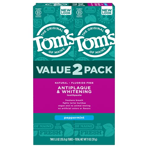 Tom's of Maine Fluoride-Free Antiplaque & Whitening Natural Toothpaste, Peppermint, 5.5 Ounce 2-Pack (Packaging May Vary)