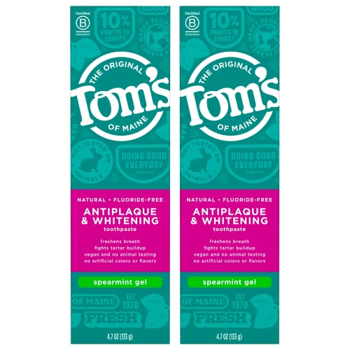 Tom's of Maine Fluoride-Free Antiplaque & Whitening Natural Toothpaste Gel, Spearmint, 4.7 oz. 2-Pack (Packaging May Vary)