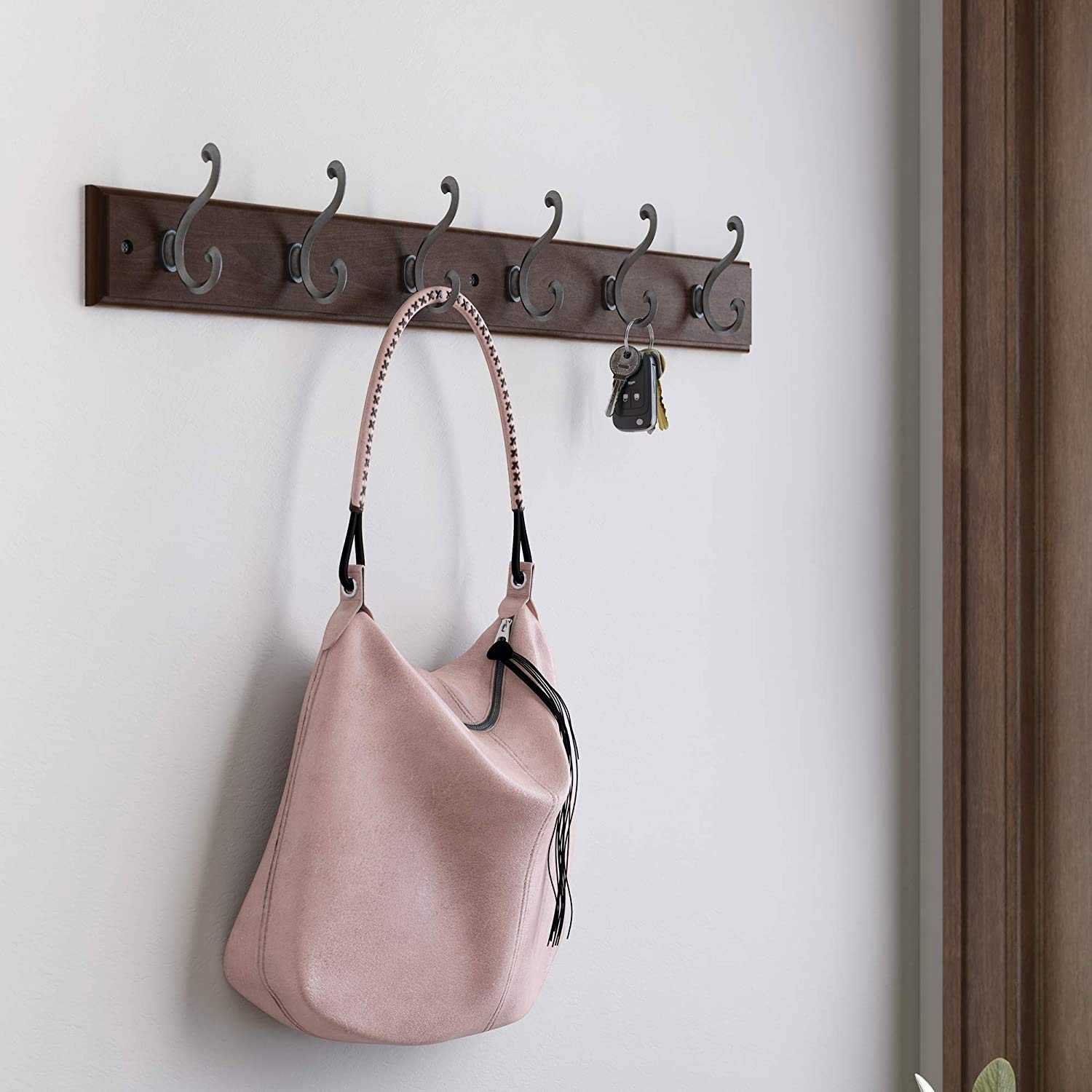 LIBERTY 165541 Wall Mounted Coat Rack with 6 Decorative Hooks, 27 Inch, Soft Iron and Cocoa