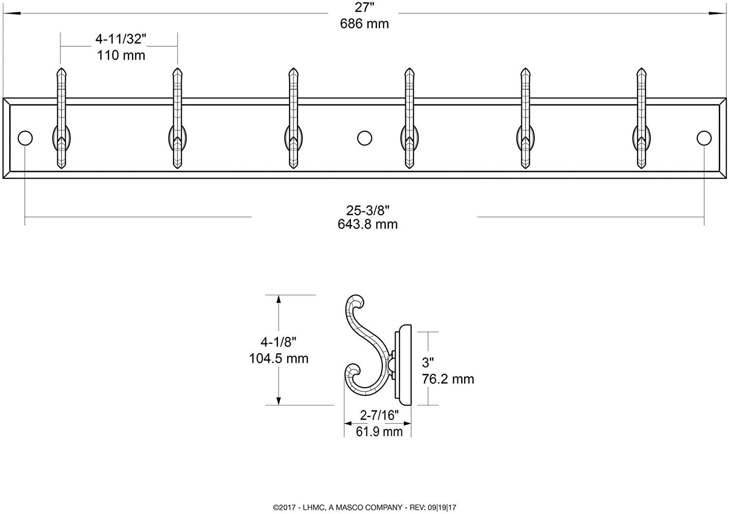 LIBERTY 165541 Wall Mounted Coat Rack with 6 Decorative Hooks, 27 Inch, Soft Iron and Cocoa