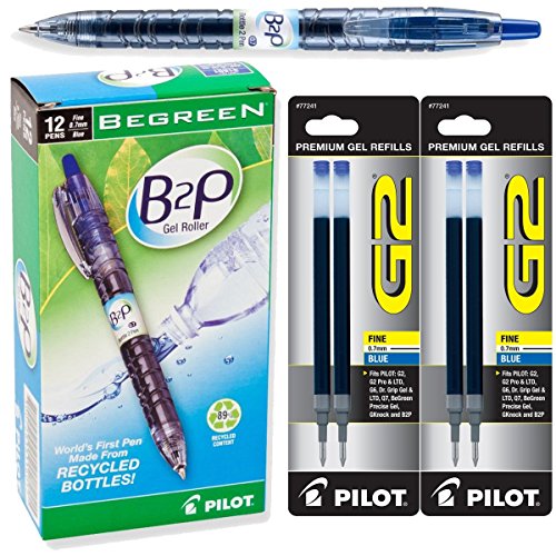 Pilot BeGreen B2P Retractable Gel Ink Pens, Fine Point, 0.7mm, Pack of 12 with Bonus Refills (Blue)