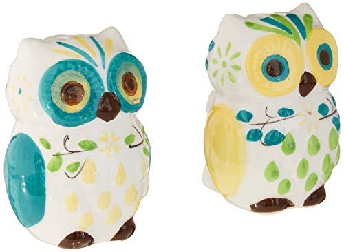 Floral Owl Salt & Pepper Shakers, Hand-painted Ceramic by Boston Warehouse, 2-Piece Set, Multicolor