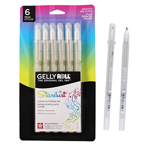 SAKURA Gelly Roll Stardust Clear Glitter Gel Pens - Bold Point Ink Pen for Lettering, Drawing, Invitations, & Stationery - Clear Ink - Bold Line - 6 Pack