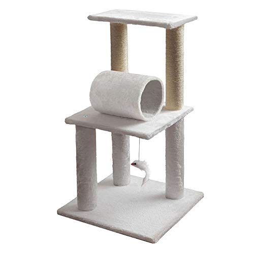 Paws & Pals 16" x 16" x 33" Inches Multi-Level Cat Scratching Post 3 Level Cat Condo Tree House Tower with Sisal Rope, Feather Mouse Cat Toy Ball, Play Tunnel