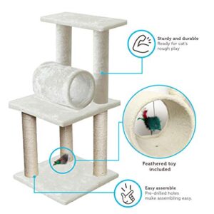 Paws & Pals 16" x 16" x 33" Inches Multi-Level Cat Scratching Post 3 Level Cat Condo Tree House Tower with Sisal Rope, Feather Mouse Cat Toy Ball, Play Tunnel