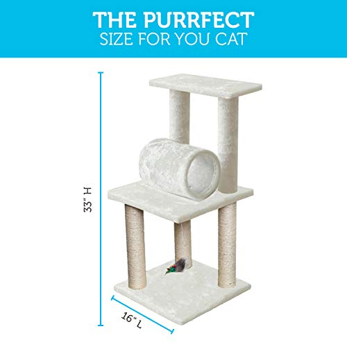 Paws & Pals 16" x 16" x 33" Inches Multi-Level Cat Scratching Post 3 Level Cat Condo Tree House Tower with Sisal Rope, Feather Mouse Cat Toy Ball, Play Tunnel