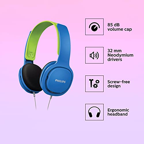 PHILIPS Coolplay Kids On-Ear Headphones - 85dB Volume Limiter - Safer Hearing (SHK2000BL), Blue & Green