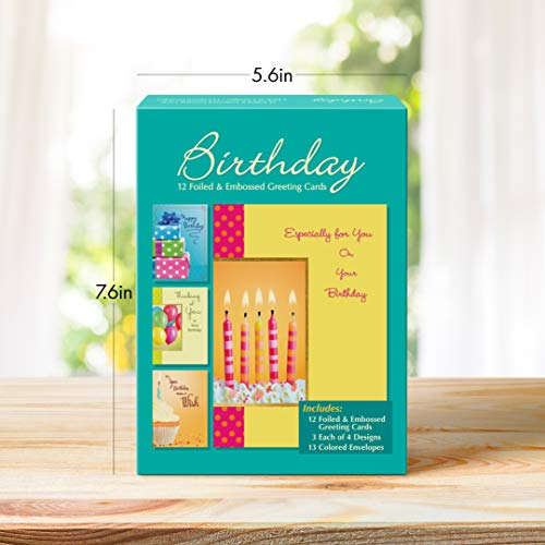 Designer Greetings Assorted Birthday Cards (12 Foiled and Embossed Greeting Cards with 13 Colored Envelopes; 3 Each of 4 Designs)