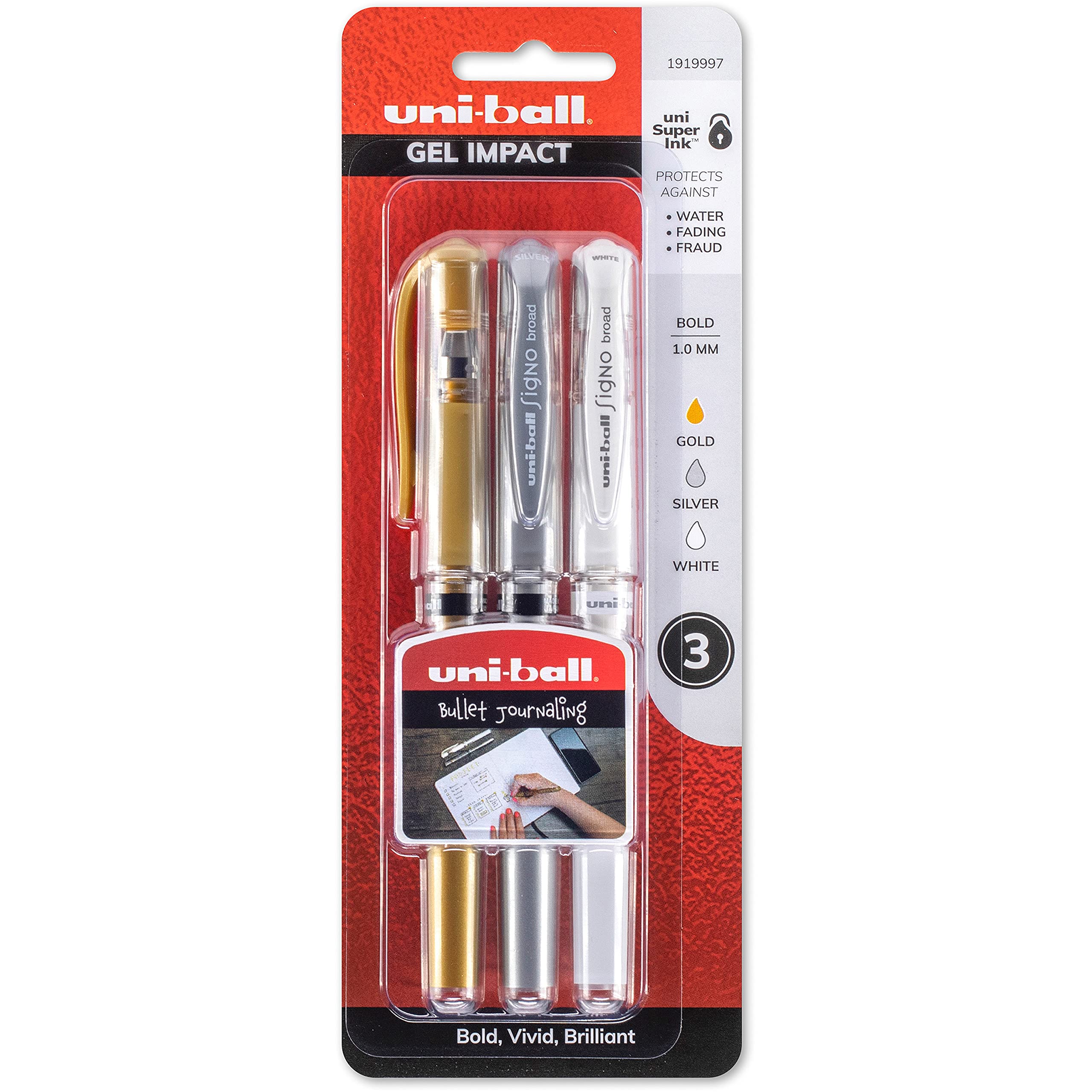 uni-ball Impact Gel Pens, Bold Point (1.0mm), Assorted Metallic, 3 Count