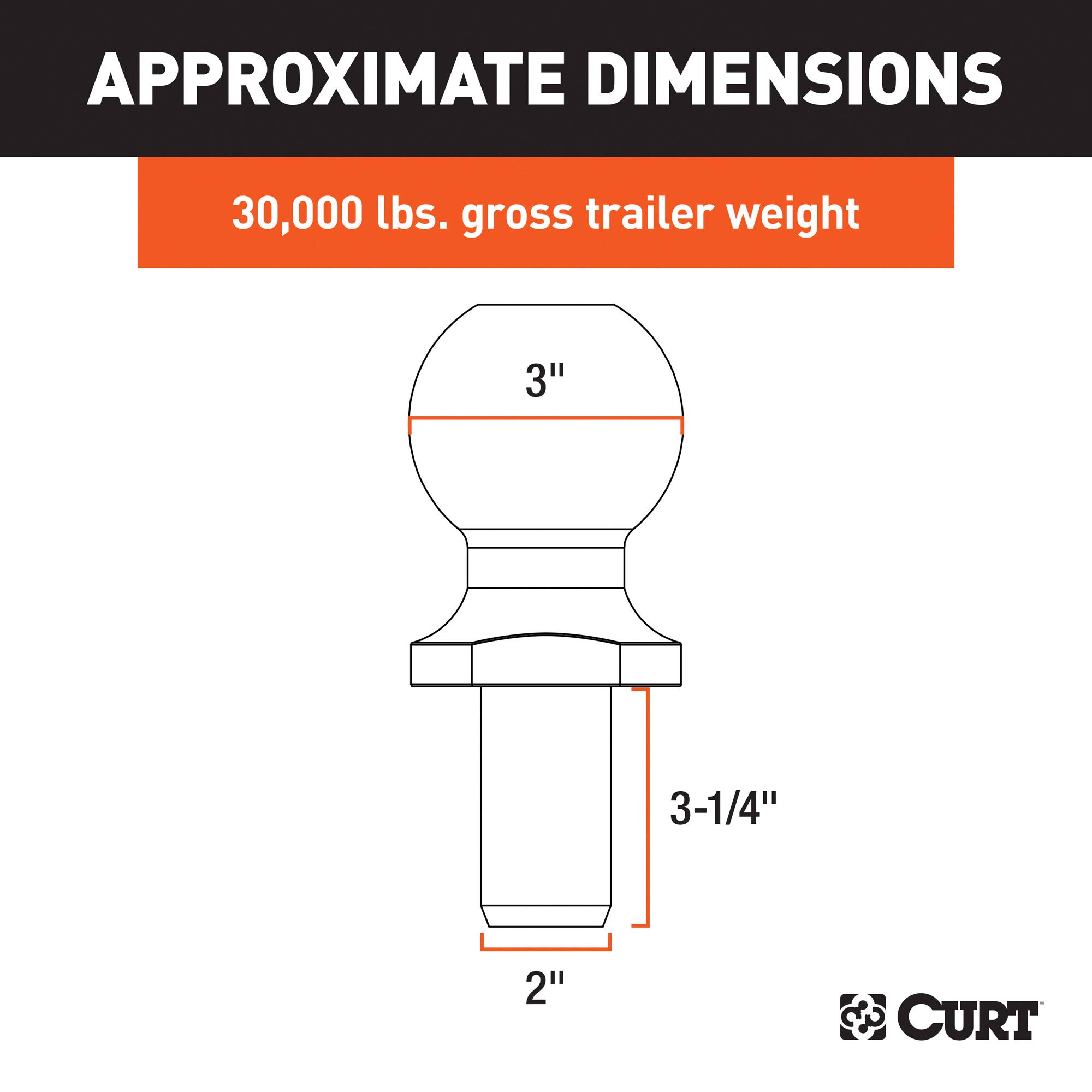 CURT 40089 Raw Steel Trailer Hitch Ball, Gooseneck, 30,000 lbs, 3-Inch Diameter, 2 x 3-1/4-Inch Shank