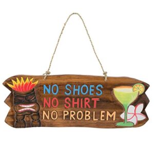 No Shirt No Shoes No Problem Wood Tiki Mask Sign With Twine Hanger - Tropical Drink and Flower Accent - 17" X 7"