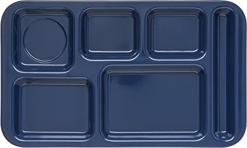 Carlisle FoodService Products Melamine Café Tray for Schools and Cafeterias, Right Hand 6-Compartment Tray, 15" x 9", Dark Blue