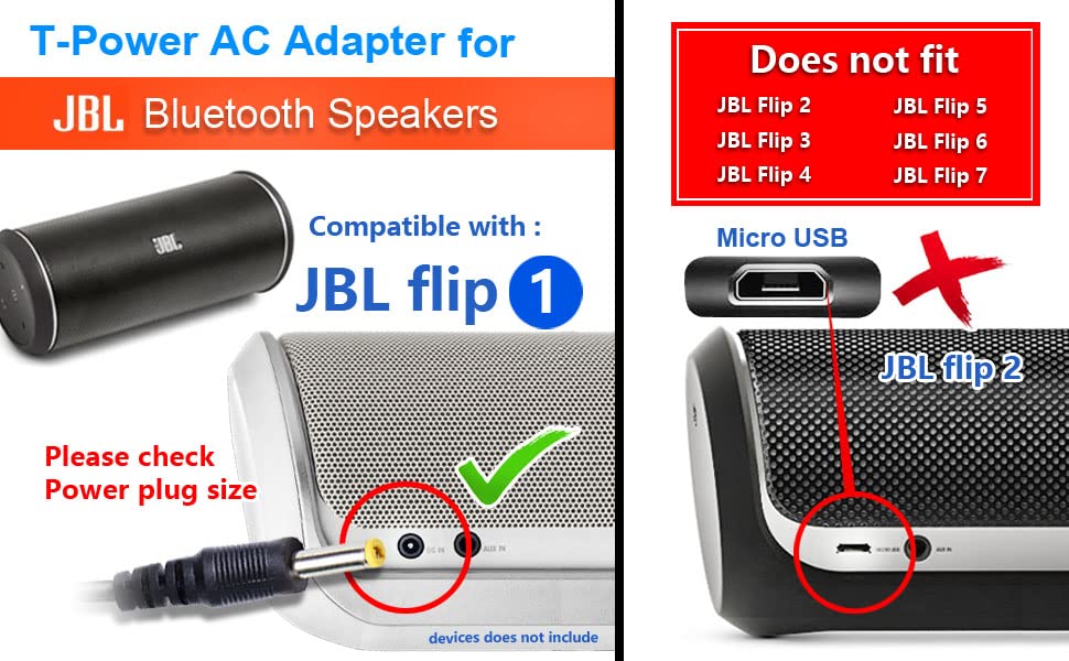 T-Power Charger for JBL Flip Portable Stereo Wireless Speaker 6132A-JBLFLIP Bluetooth Adaptor Wall Home Charger DC Power Supply Cord PSU