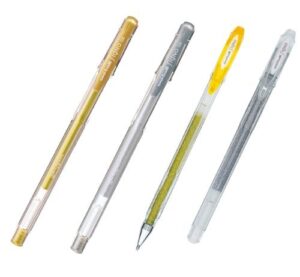 uni ball signo gel ink pens -standard gold ink 0.8mm + standard silver ink 0.8mm + sparkling gold ink 1.0mm + sparkling silver 1.0mm total 4 asorted value set (with our shop original description of goods)