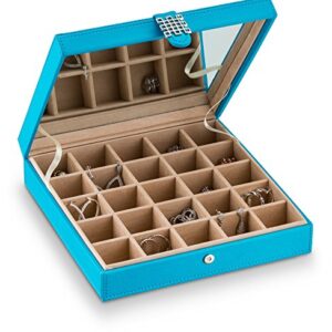 Glenor Co Earring Organizer - Classic 25 Section Jewelry Box/Case/Holder for Earrings, Rings, Necklaces, Jewelry, Cufflinks or Collections. 25 Small Compartments with Elegant Large Mirror - Blue