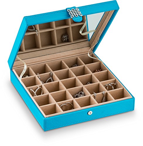 Glenor Co Earring Organizer - Classic 25 Section Jewelry Box/Case/Holder for Earrings, Rings, Necklaces, Jewelry, Cufflinks or Collections. 25 Small Compartments with Elegant Large Mirror - Blue