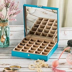 Glenor Co Earring Organizer - Classic 25 Section Jewelry Box/Case/Holder for Earrings, Rings, Necklaces, Jewelry, Cufflinks or Collections. 25 Small Compartments with Elegant Large Mirror - Blue