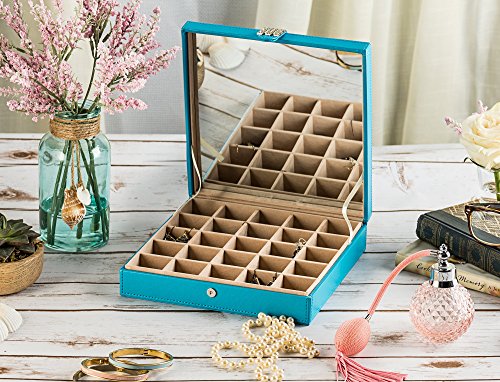 Glenor Co Earring Organizer - Classic 25 Section Jewelry Box/Case/Holder for Earrings, Rings, Necklaces, Jewelry, Cufflinks or Collections. 25 Small Compartments with Elegant Large Mirror - Blue