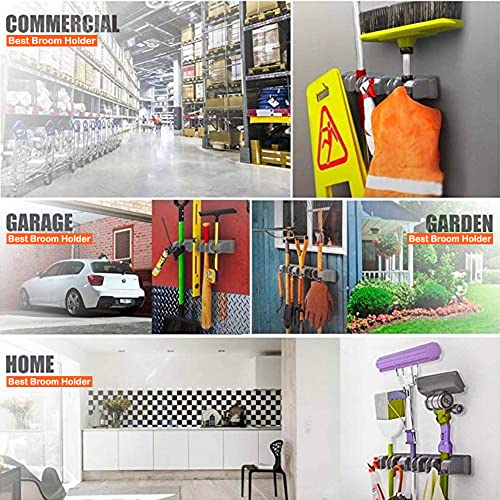 Comfecto New Version 4pcs Self Adhesive Broom Holder with Gripper and 2 Hooks, Damage Free Broom Mop Holder, No Drill Anti-Slip Wall Mount Broom Gripper Organizer for Bathroom Kitchen Garden Garage