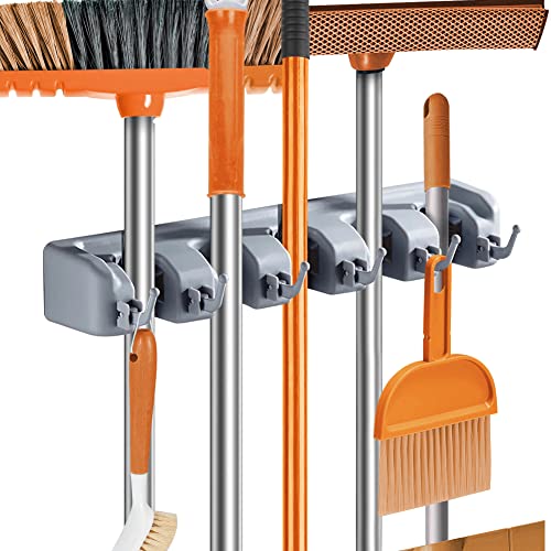 Comfecto New Version 4pcs Self Adhesive Broom Holder with Gripper and 2 Hooks, Damage Free Broom Mop Holder, No Drill Anti-Slip Wall Mount Broom Gripper Organizer for Bathroom Kitchen Garden Garage