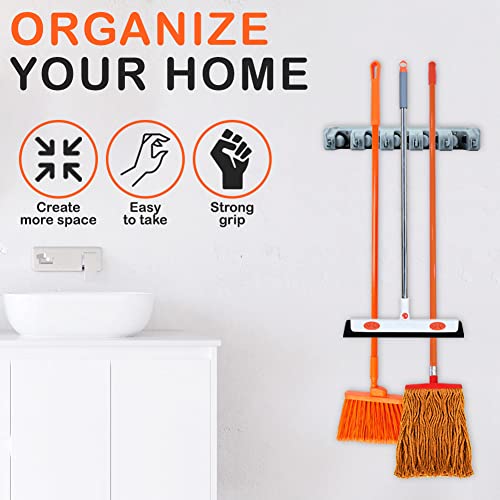 Comfecto New Version 4pcs Self Adhesive Broom Holder with Gripper and 2 Hooks, Damage Free Broom Mop Holder, No Drill Anti-Slip Wall Mount Broom Gripper Organizer for Bathroom Kitchen Garden Garage