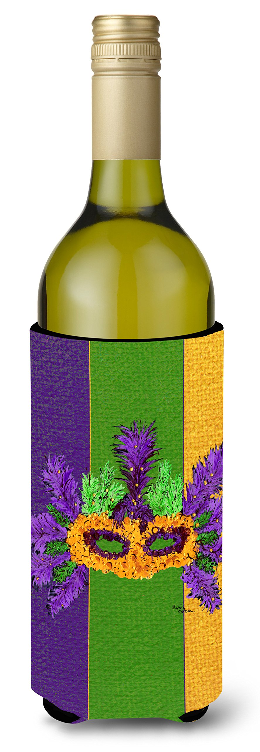 Caroline's Treasures 8369LITERK Mardi Gras with Feathers Wine Bottle Hugger Bottle Cooler Sleeve Hugger Machine Washable Collapsible Insulator Beverage Insulated Holder