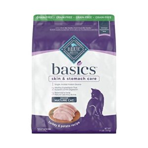 blue buffalo basics skin & stomach care grain free, natural indoor mature dry cat food, turkey & potato 11-lb