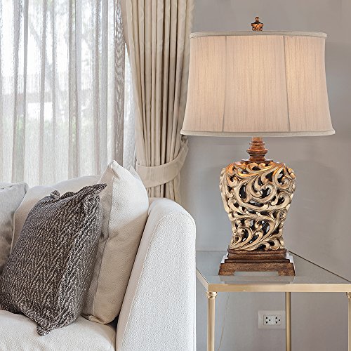 Catalina 19085-001 Traditional 3-Way Open Scroll Table Lamp and Soft Sided Shantung Shade, 28", Gold & Bronze Classic