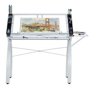 sd studio designs 10096 futura station with folding shelf top adjustable drafting craft drawing hobby table writing studio desk with drawer, 35.5'' w x 23.75'' d, white/clear glass