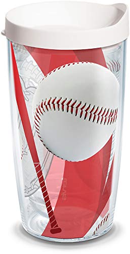 Tervis Baseballs Red & Mitt Background Tumbler with Wrap and White Lid 16oz, Clear