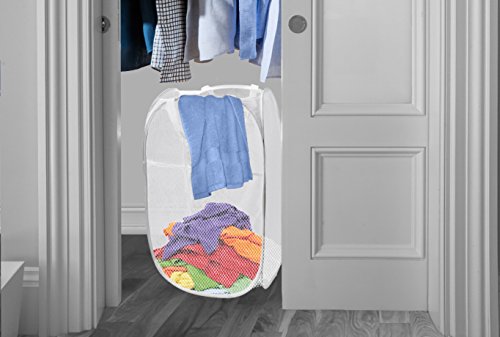 Handy Laundry Mesh Popup Hamper – Foldable Lightweight Basket for Washing – Durable Clothing Storage for Kids Room, Students College Dorm, Home, Travel & Camping – White Pop-up Clothes Hamper