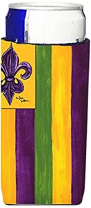 caroline's treasures 8137muk mardi gras fleur de lis nation ultra hugger for slim cans can cooler sleeve hugger machine washable drink sleeve hugger collapsible insulator beverage insulated holder