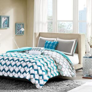 intelligent design cozy comforter set geometric design modern all season vibrant color bedding set with matching sham, decorative pillow, twin/twin xl, finn blue 4 piece