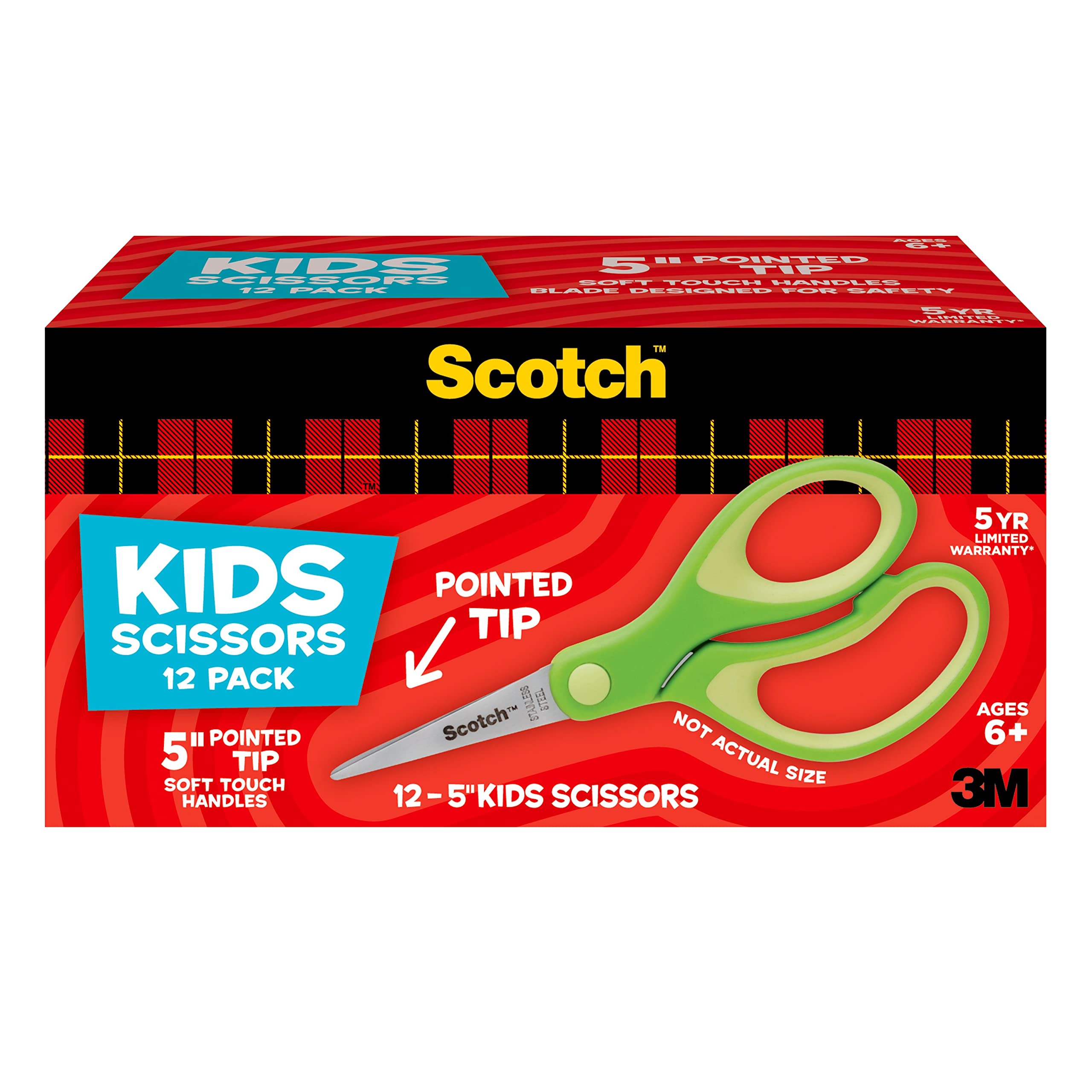 Scotch 5" Soft Touch Blunt Tip Kids Scissors, 12 Count Teacher’s Pack, Green, All-Purpose Scissors for School and Crafts (1442P-12)