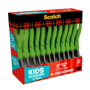 Scotch 5" Soft Touch Blunt Tip Kids Scissors, 12 Count Teacher’s Pack, Green, All-Purpose Scissors for School and Crafts (1442P-12)