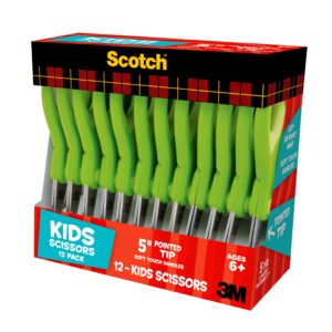 Scotch 5" Soft Touch Blunt Tip Kids Scissors, 12 Count Teacher’s Pack, Green, All-Purpose Scissors for School and Crafts (1442P-12)