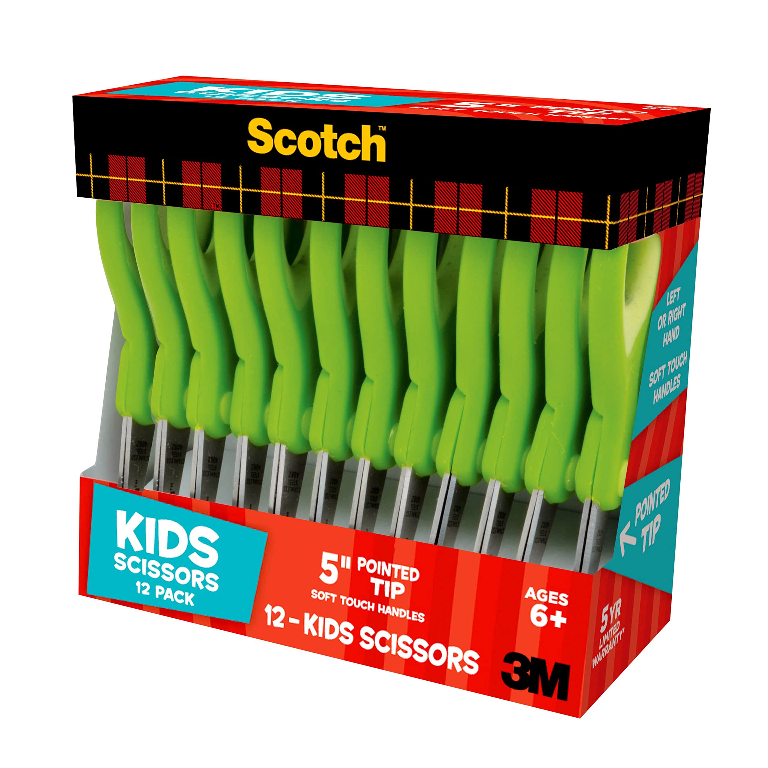 Scotch 5" Soft Touch Blunt Tip Kids Scissors, 12 Count Teacher’s Pack, Green, All-Purpose Scissors for School and Crafts (1442P-12)