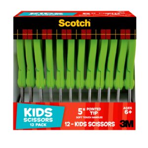 Scotch 5" Soft Touch Blunt Tip Kids Scissors, 12 Count Teacher’s Pack, Green, All-Purpose Scissors for School and Crafts (1442P-12)