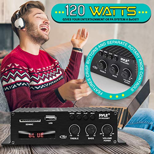 Pyle Class-T Bluetooth Power Audio Amplifier - 120W Mini Dual Channel Sound Stereo Receiver Box w/ USB, RCA, 12V Adapter - For Subwoofer Speaker, Home Theater, PA System, Studio Use - Pyle PFA220BT