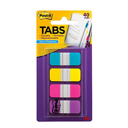 Post-it Tabs.625 in Solid, Aqua, Yellow, Pink, Violet, 10/Color, 40/Dispenser (676-AYPV) , Bright Colors , 5/8 x 1-1/2 in