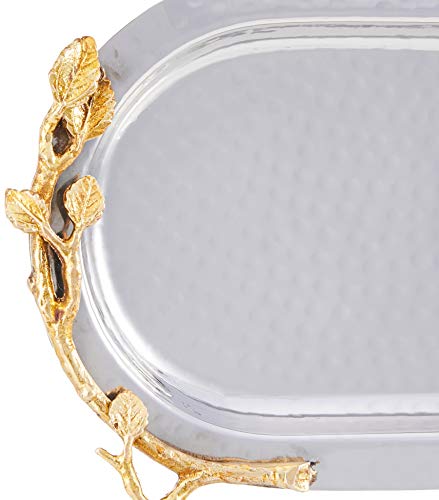 Elegance Golden Vine Hammered Stainless Steel Oval Tray, 15.25 by 5.75-Inch, Silver/Gold