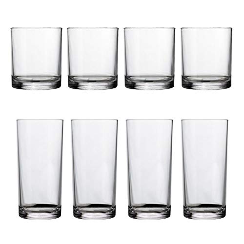 US Acrylic Classic Clear Plastic Reusable Drinking Glasses (Set of 8) 12oz Rocks & 16oz Water Cups | BPA-Free Tumblers, Made in USA | Top-Rack Dishwasher Safe