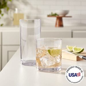 US Acrylic Classic Clear Plastic Reusable Drinking Glasses (Set of 8) 12oz Rocks & 16oz Water Cups | BPA-Free Tumblers, Made in USA | Top-Rack Dishwasher Safe