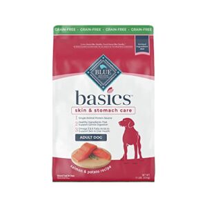 blue buffalo basics skin & stomach care, grain free natural adult dry dog food, salmon & potato 11-lb