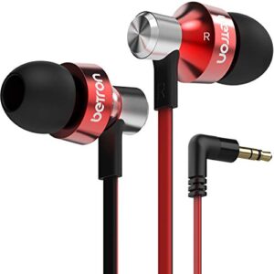 betron dc950 in ear headphones earphones wired with tangle free flat cable hd bass lightweight case noise isolating earbuds 3.5 mm jack plug (red)